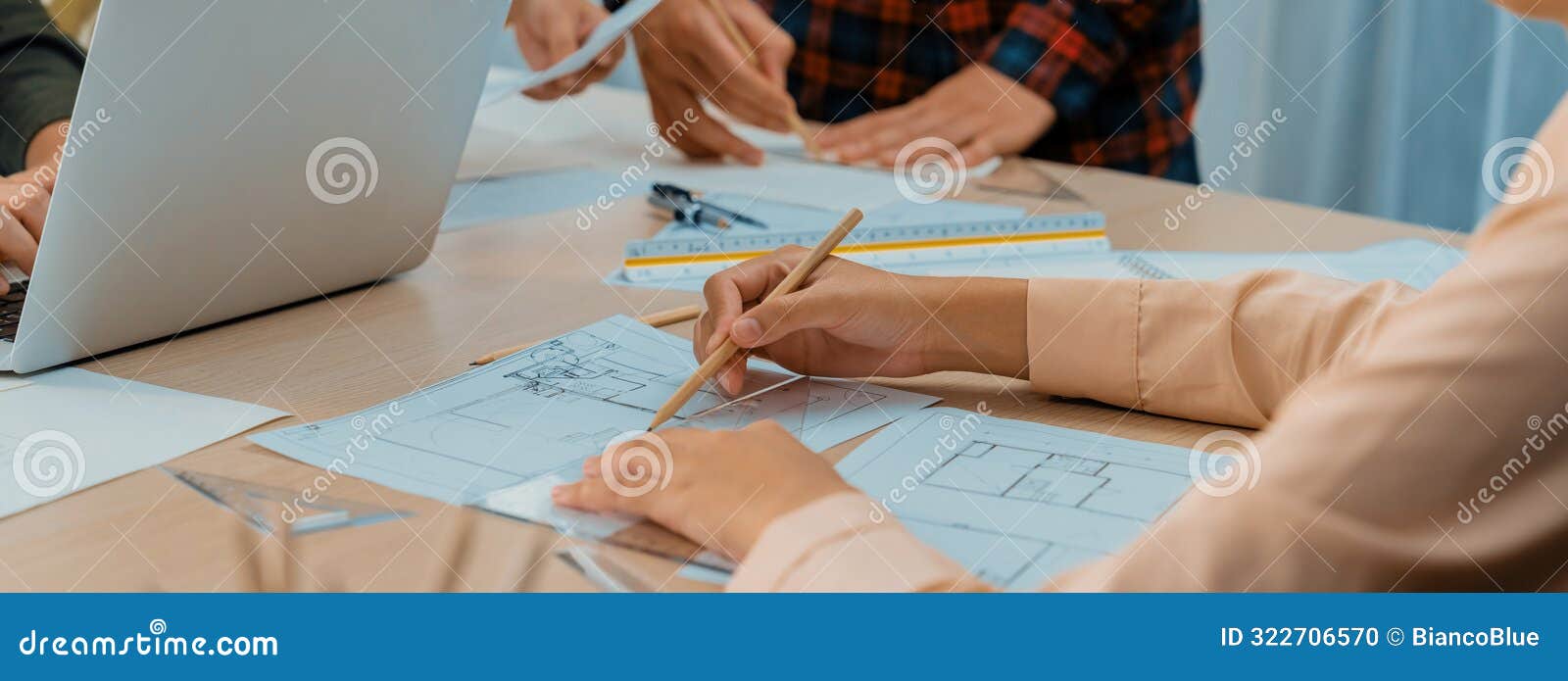 Professional Architect Drawing Blueprint during Meeting. Closeup ...