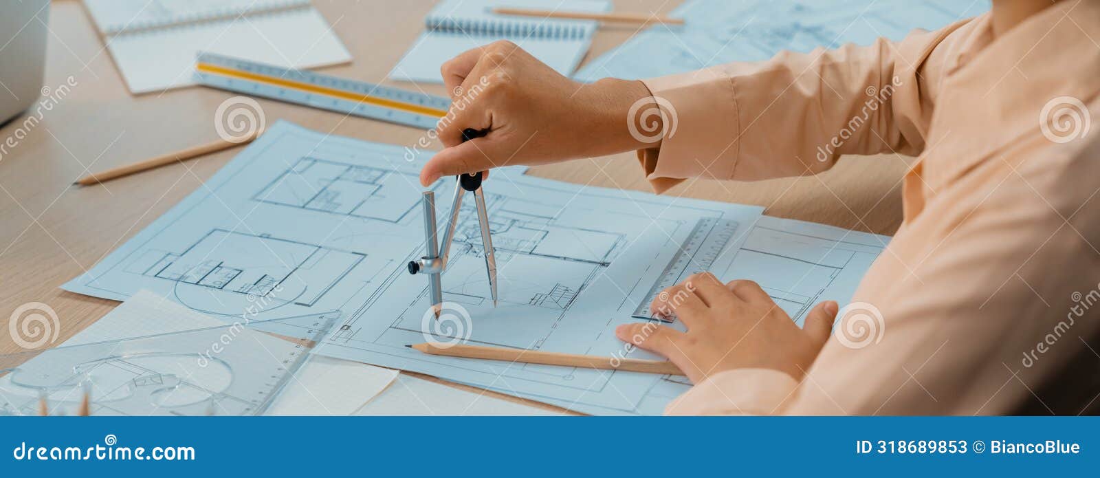 Professional Architect Drawing Blueprint by Using Divider. Closeup ...