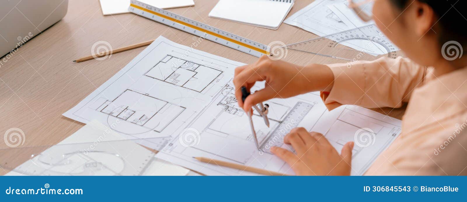 Professional Architect Drawing Blueprint by Using Divider. Closeup ...