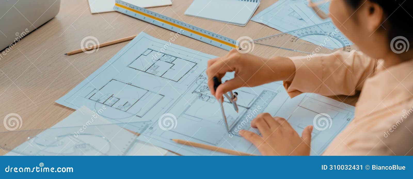 Professional Architect Drawing Blueprint by Using Divider. Closeup ...