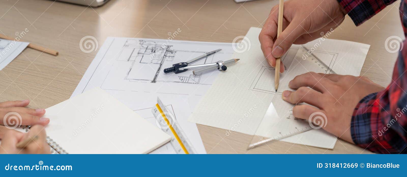Professional Architect Hand Drawing a Blueprint on Table. Closeup ...