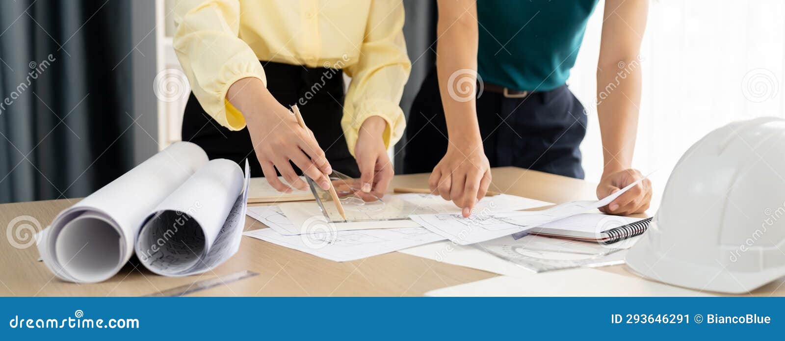 Professional Architect Used Divider Measure during Draft Blueprint ...