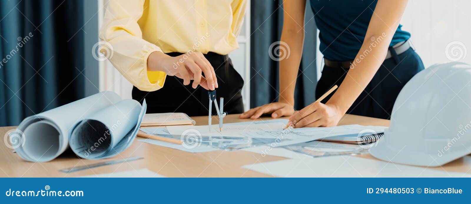 Professional Architect Used Divider Measure during Draft Blueprint ...