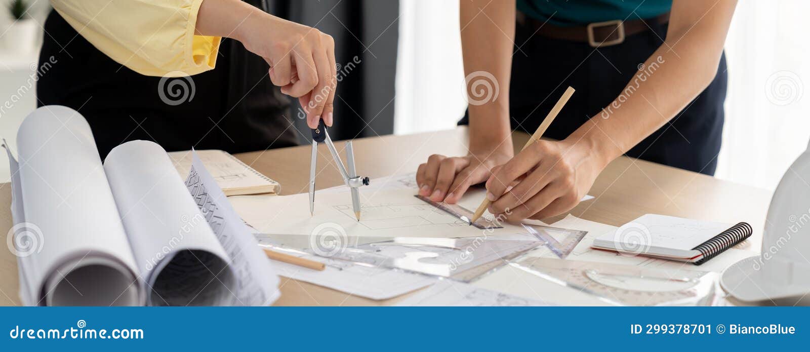 Professional Architect Used Divider Measure during Draft Blueprint ...