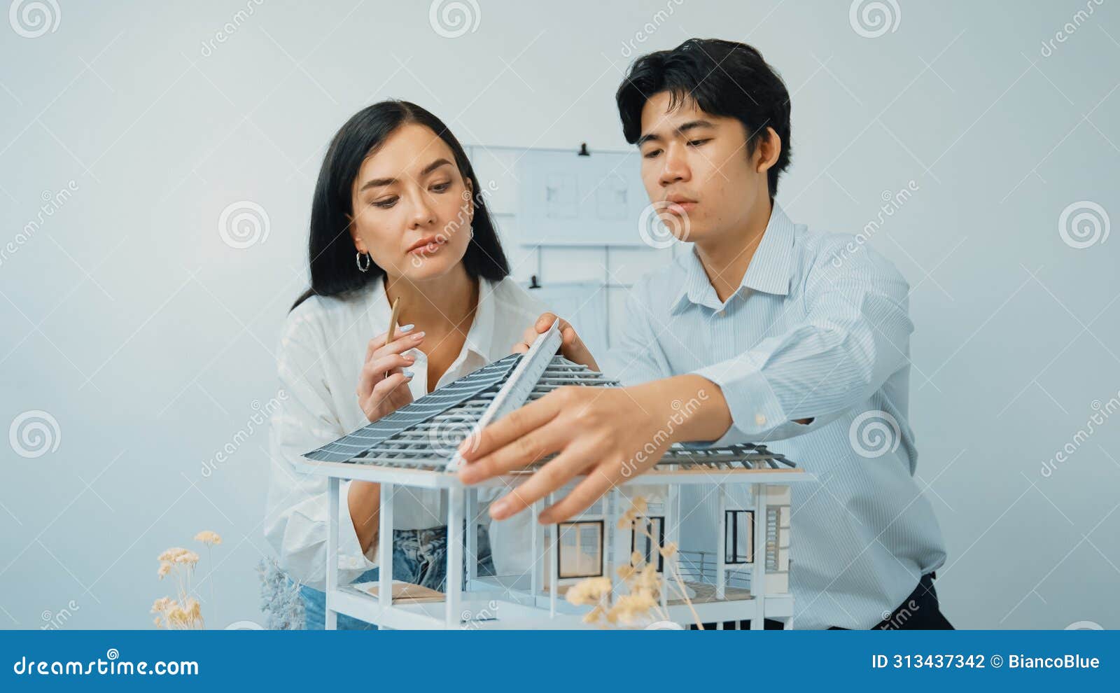 Professional Architect Team Using Ruler Measuring Model Roof Length ...