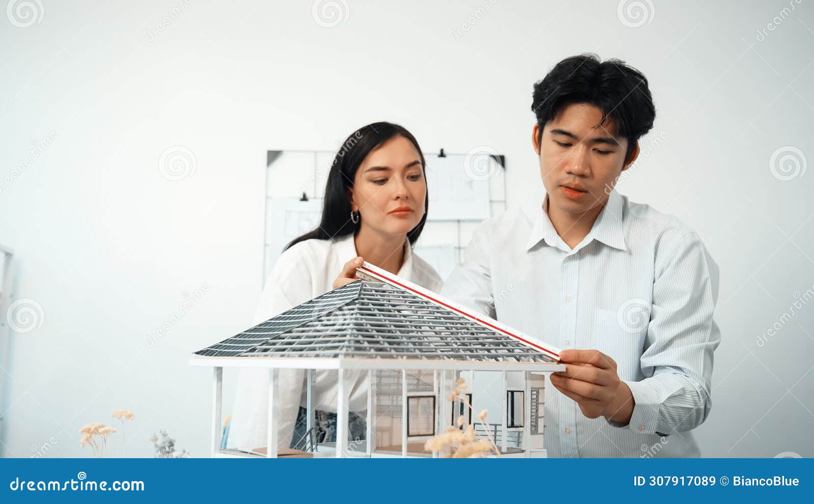 Professional Architect Team Using Ruler Measuring Model Roof Length ...