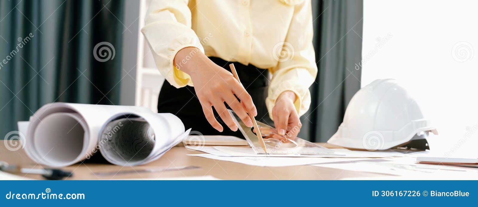 Professional Architect Used Divider Measure during Draft Blueprint ...