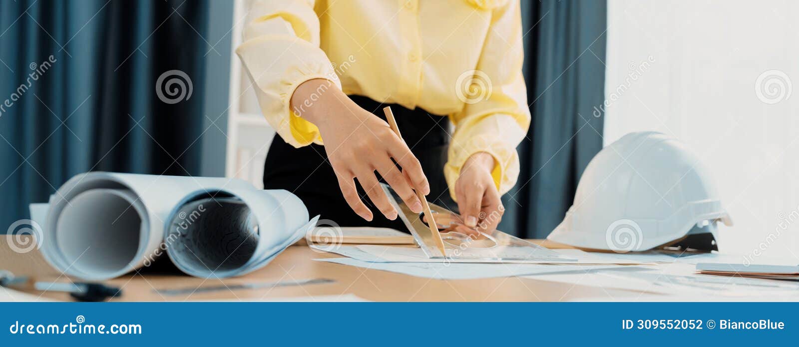 Professional Architect Used Divider Measure during Draft Blueprint ...