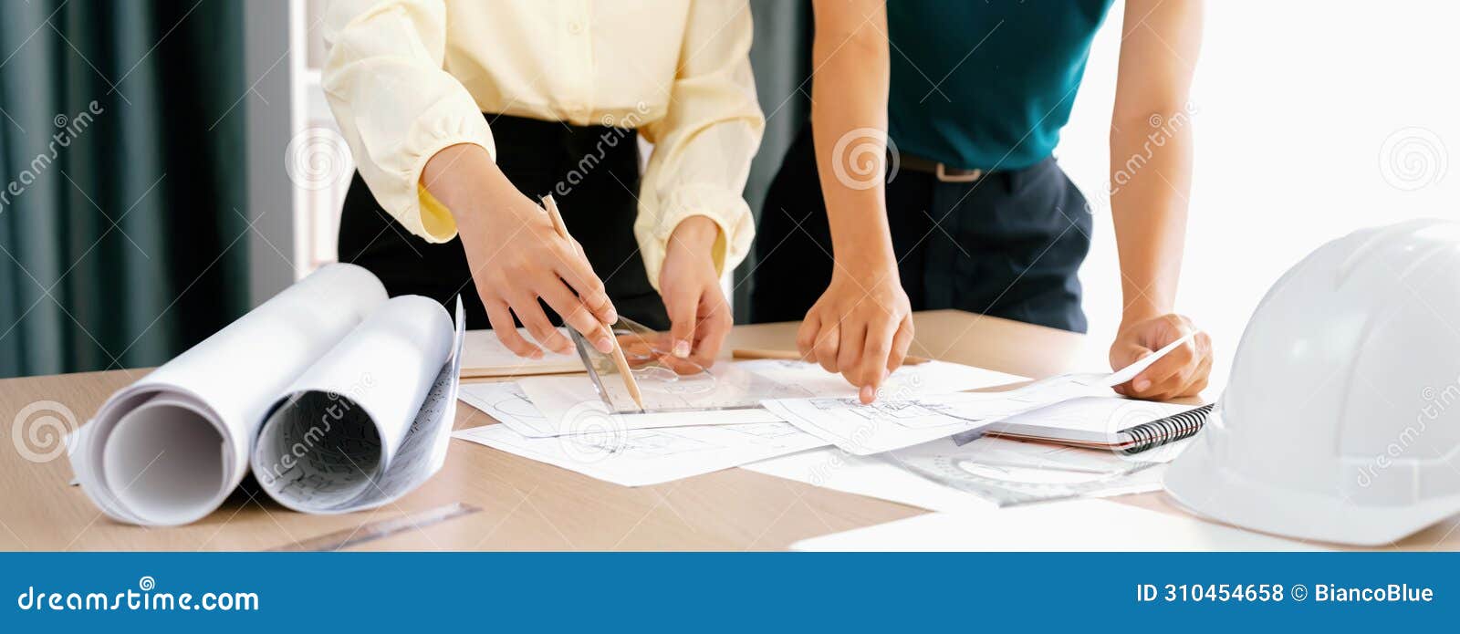 Professional Architect Used Divider Measure during Draft Blueprint ...