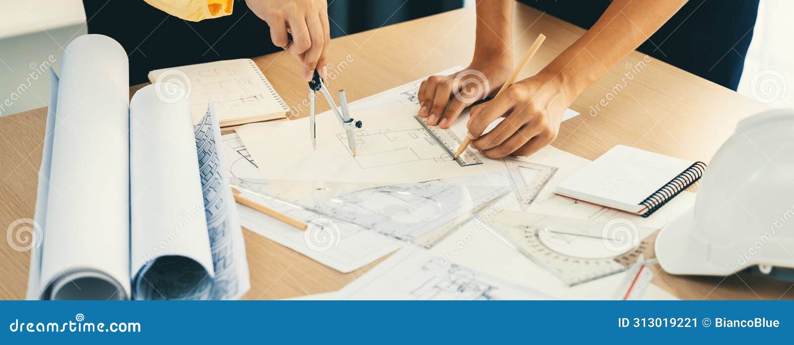 Professional Architect Used Divider Measure during Draft Blueprint ...