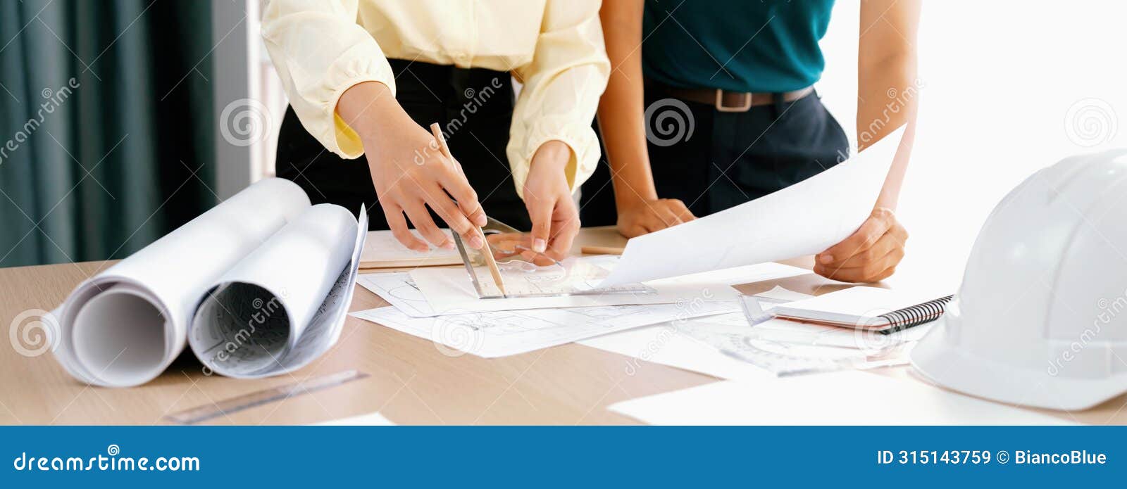 Professional Architect Used Divider Measure during Draft Blueprint ...