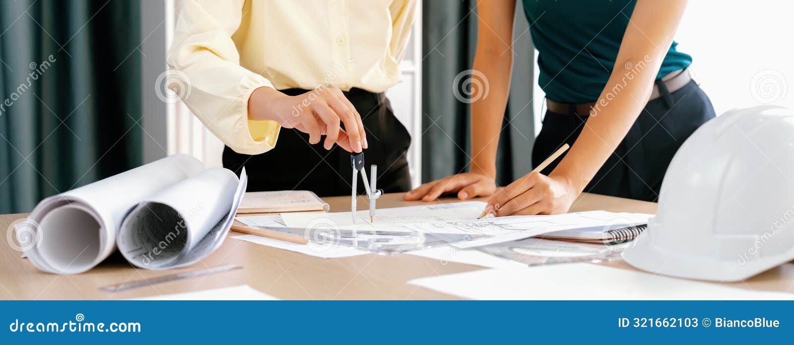 Professional Architect Used Divider Measure during Draft Blueprint ...