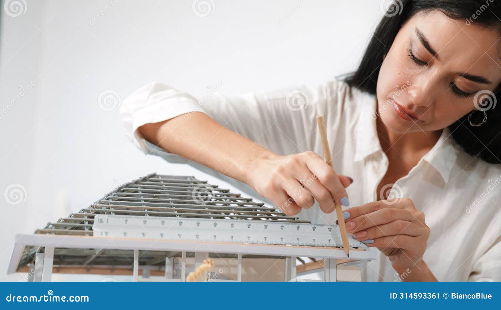 Professional Architect Using Ruler Measuring Model Roof Length ...