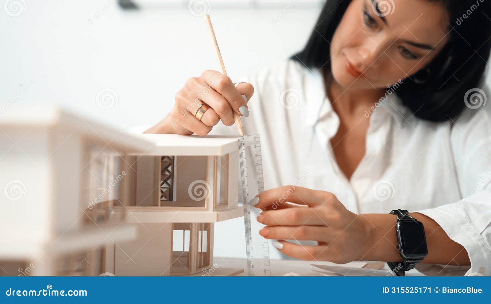 Professional Architect Using Triangular Scale Measure House Model ...