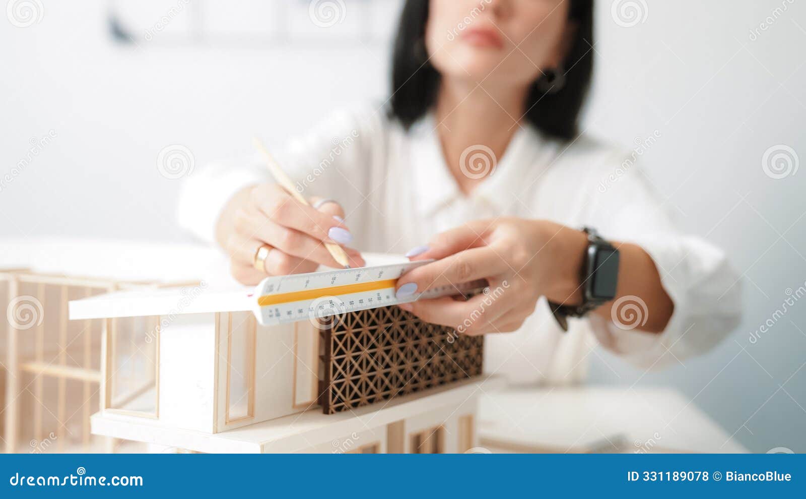 Professional Architect Using Triangular Scale Measure House Model ...