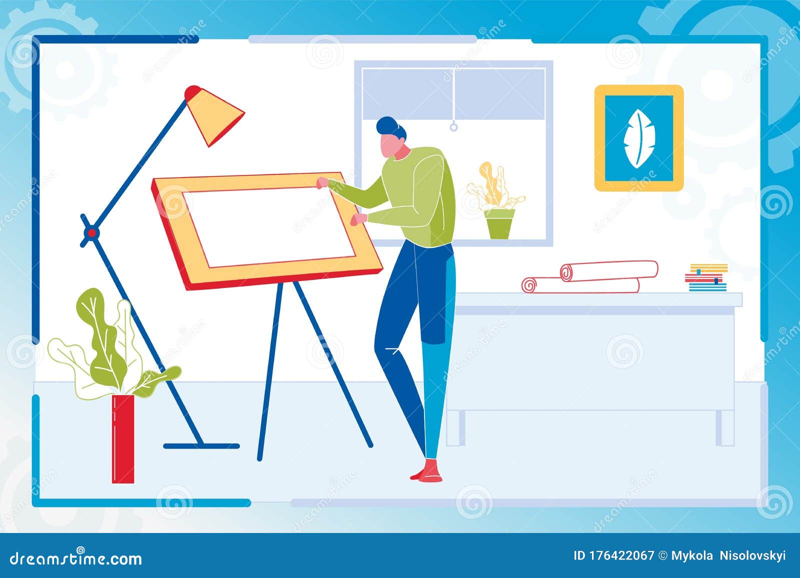 Architect Working On Adjustable Table In Workplace Stock Vector ...