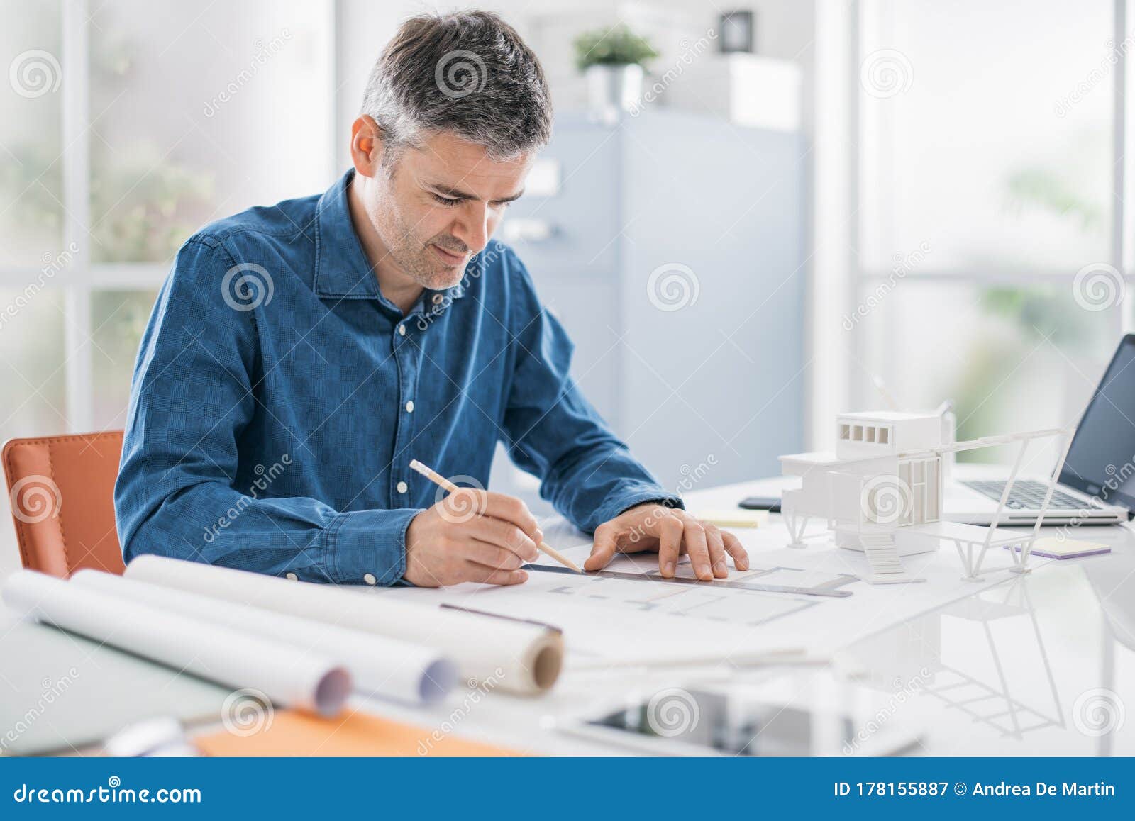 Architect Working in His Office Stock Image - Image of drawing ...