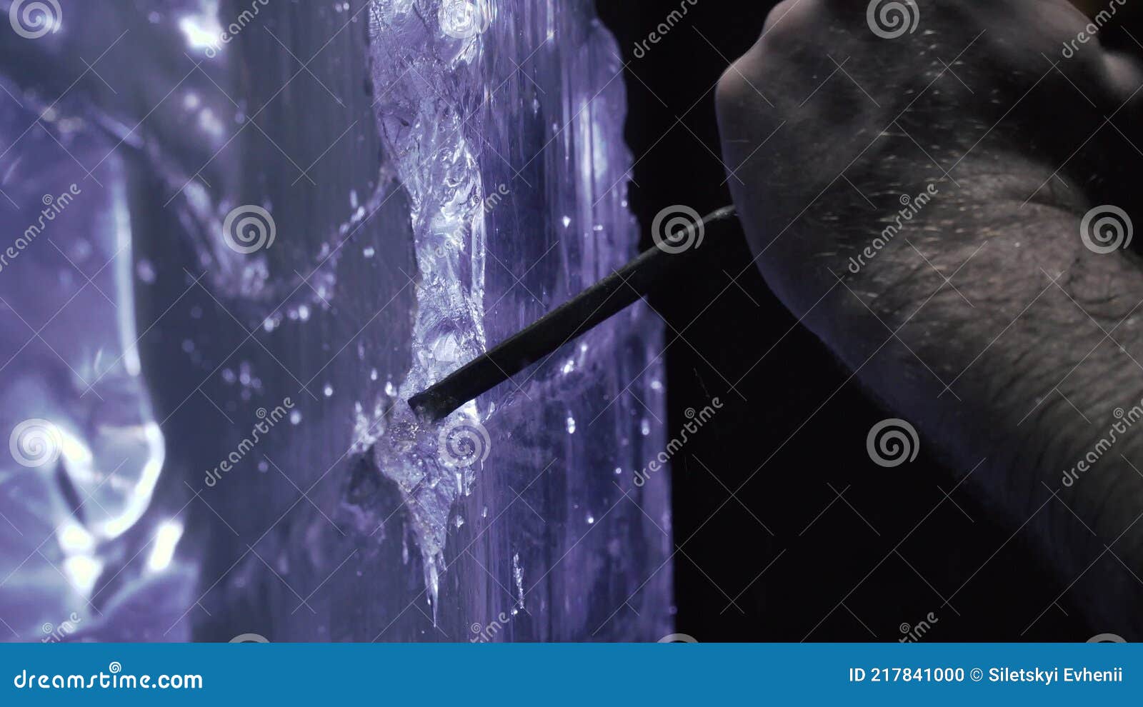 Close Up of the Artists Hands while Working with a Chisel on an Ice ...