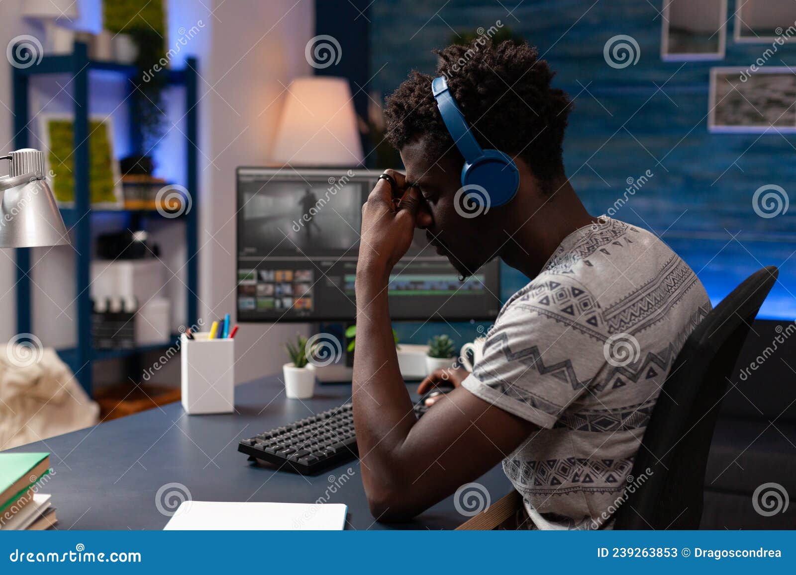 Professional Artist Editor Sitting at Desk Table in Creativity Studio ...