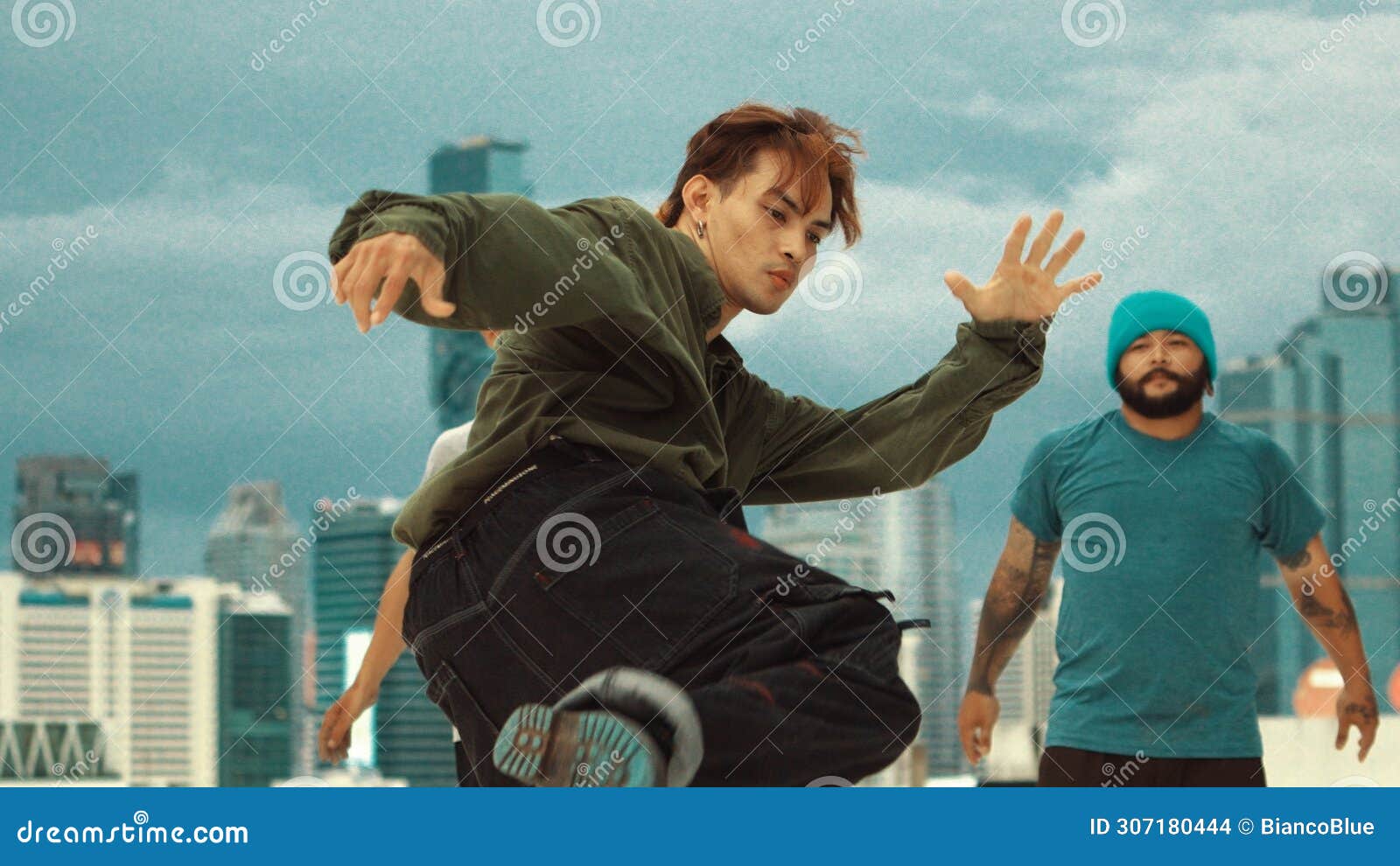 Asian Break Dancer Practice B Boy Dance with Friends at Roof Top ...
