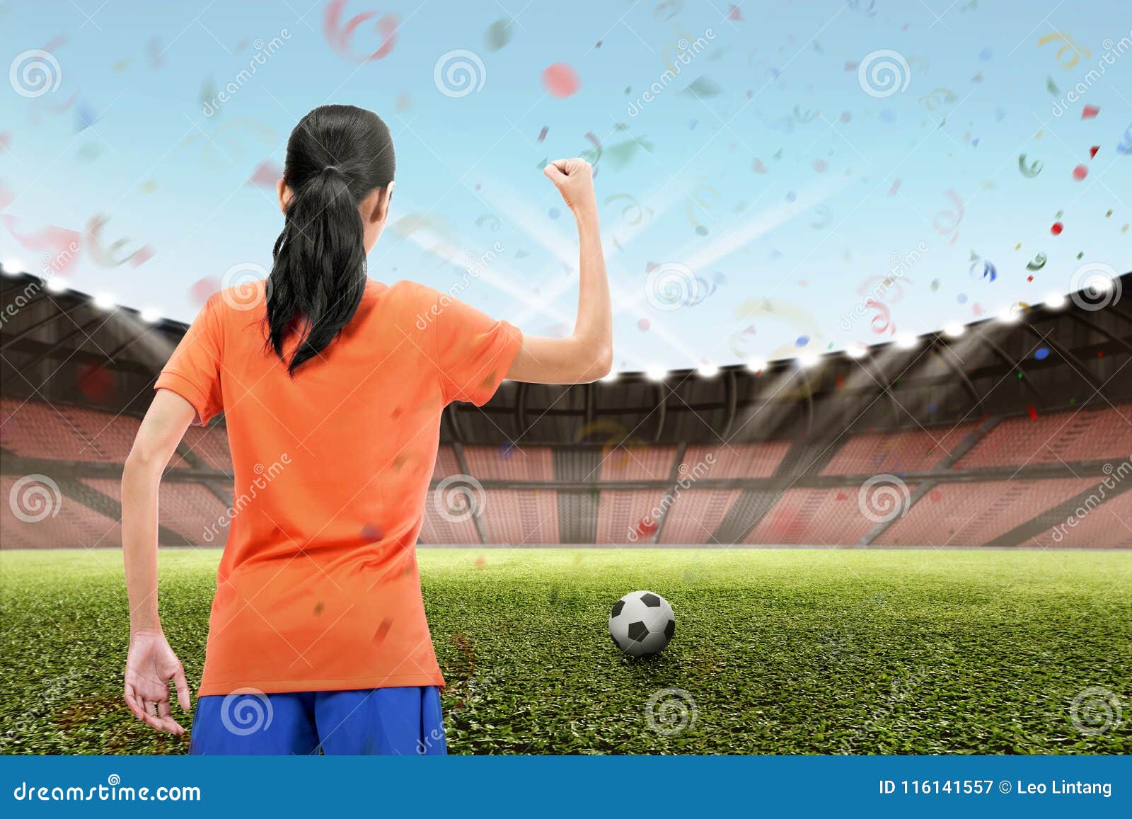 Professional Asian Female Footballer Celebrate Her Victory Stock Image