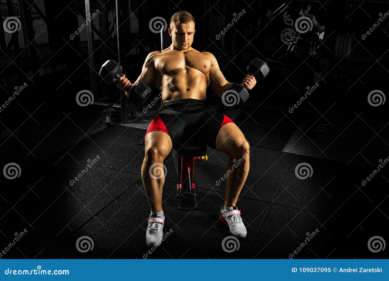 Professional Athlete Makes an Exercise on the Biceps by Lifting Stock ...