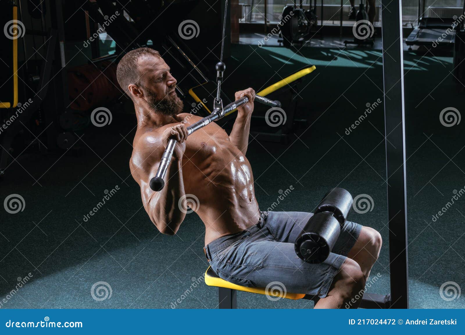 Professional Athlete Performs an Exercise in the Gym. Pulls the Bar To ...