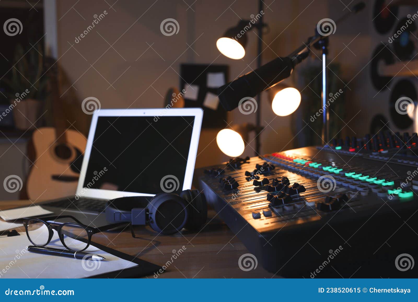 Professional Audio Equipment on Table in Modern Radio Studio Stock ...