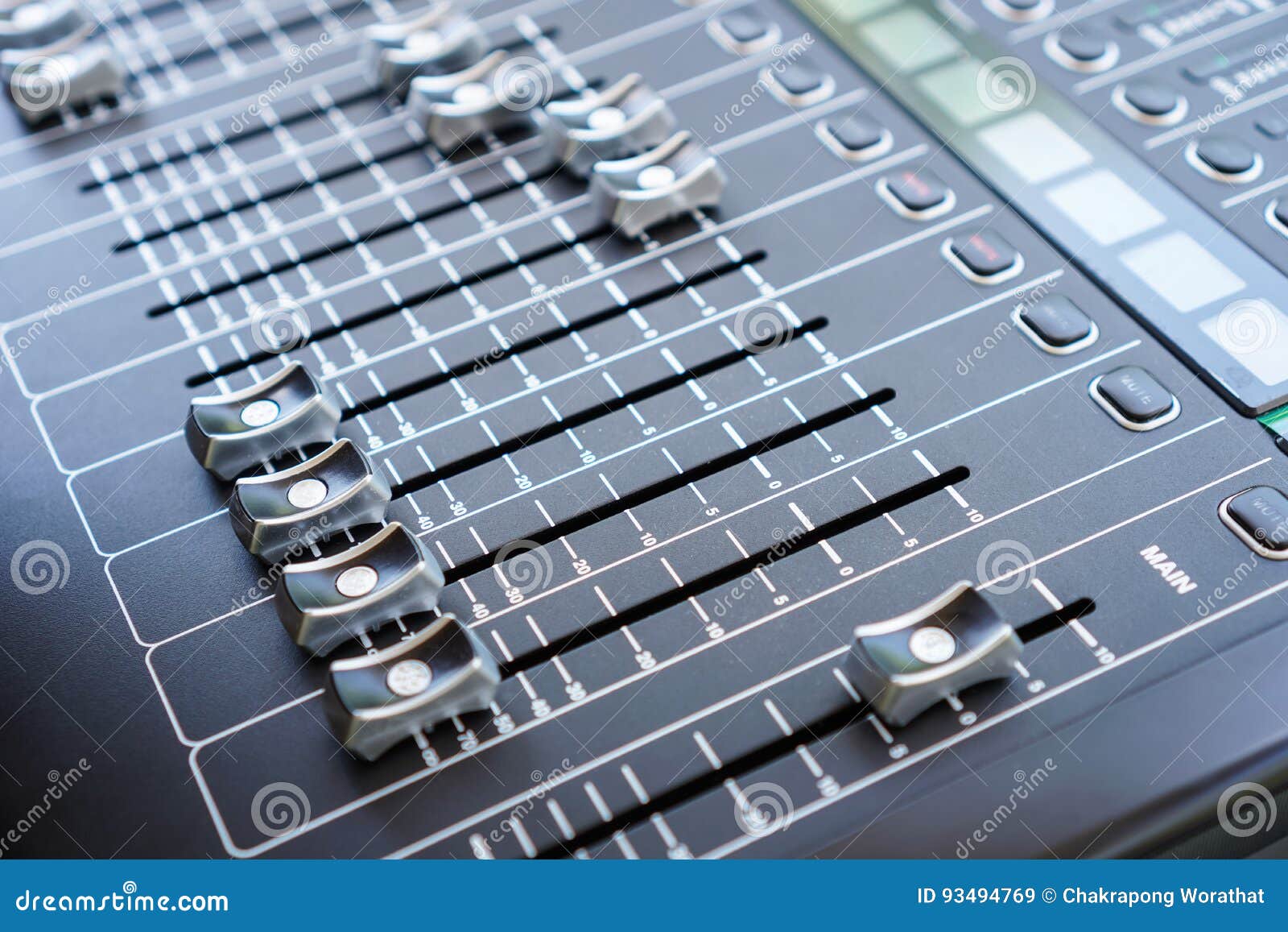 Professional Audio Mixing Console Buttons, Faders and Sliders. Stock ...