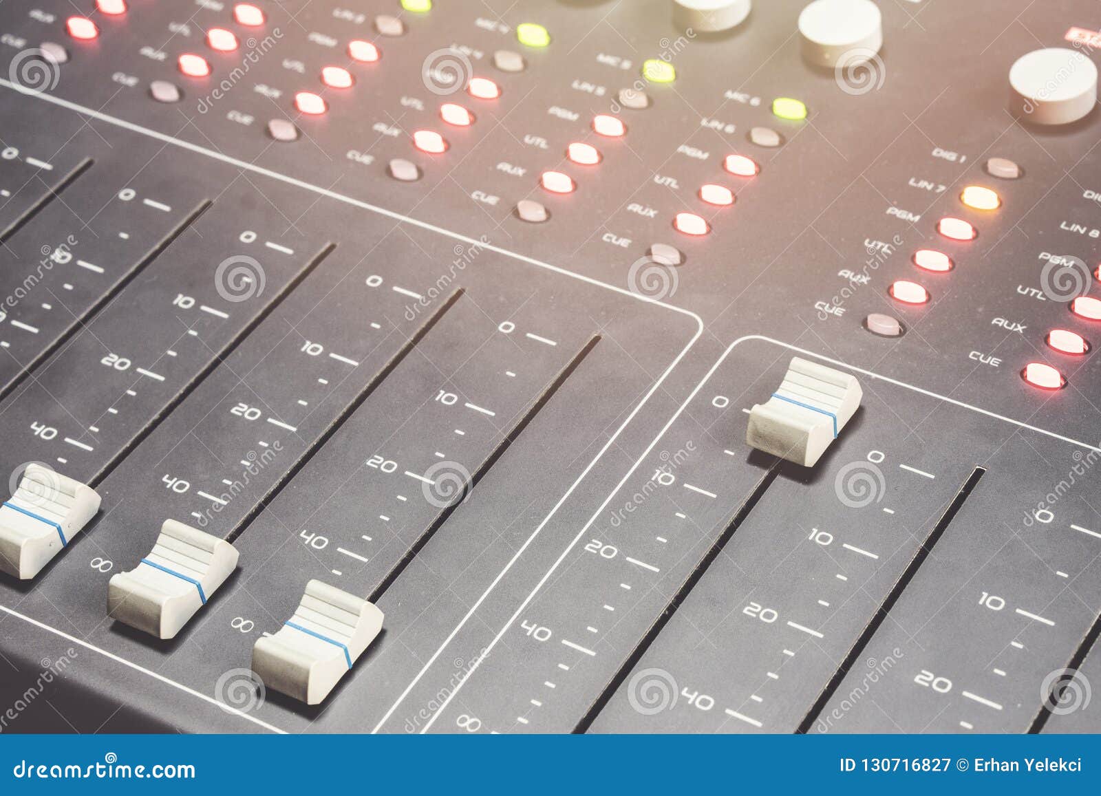 Professional Audio Mixing Console with Faders and Adjusting Knobs ...