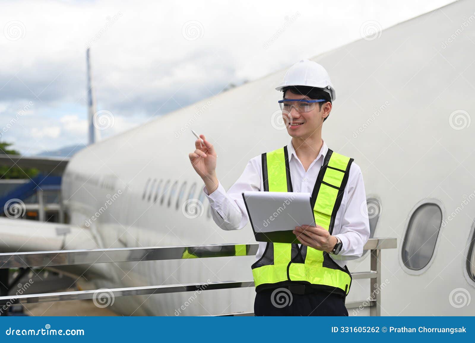 Professional Aviation Engineer with Clipboard Standing on Platform Near ...