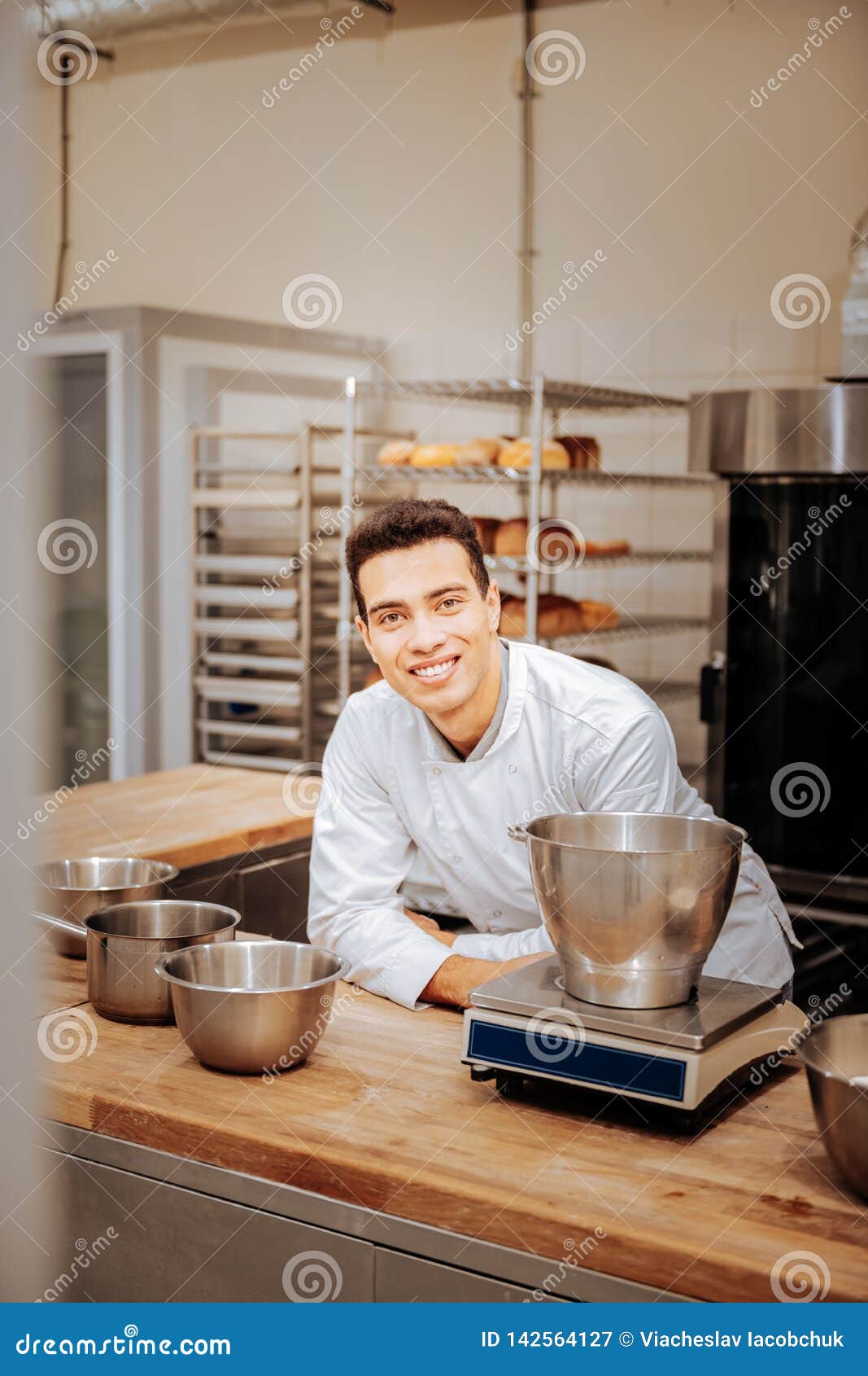 Professional Baker Smiling Having His First Day in New Bakery Stock ...