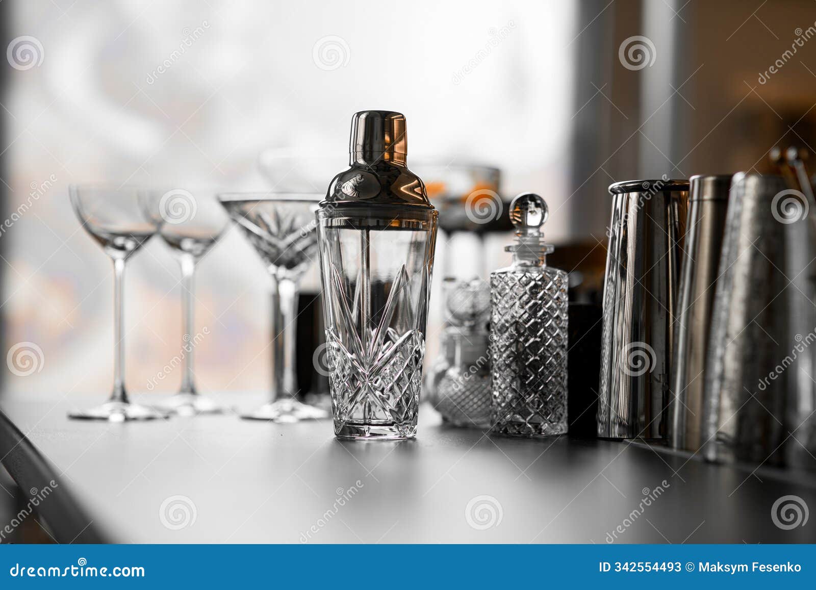 Professional Bartender Utensils - Shakers, Glasses of Different Shapes ...