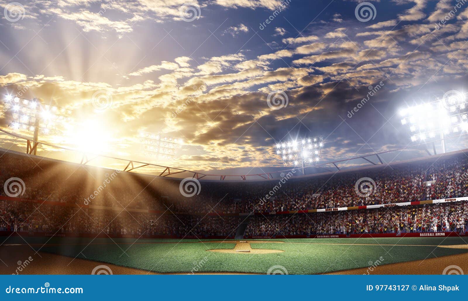Professional Baseball Arena Grande, Sunset View, 3d Rendering Stock ...