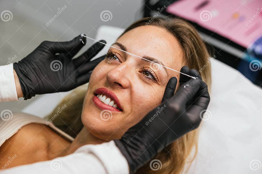 Preparing for Perfect Eyebrows, Thread Marking Technique before Microblading Stock Photo - Image ...