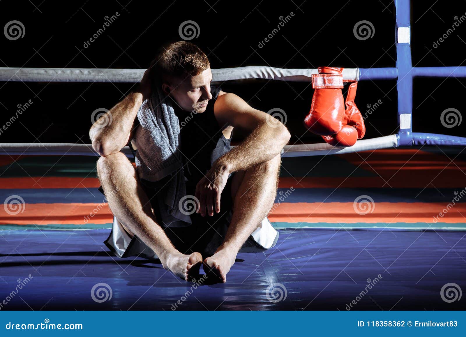 Professional Boxer Having Break during Training in Ring. Stock Photo ...