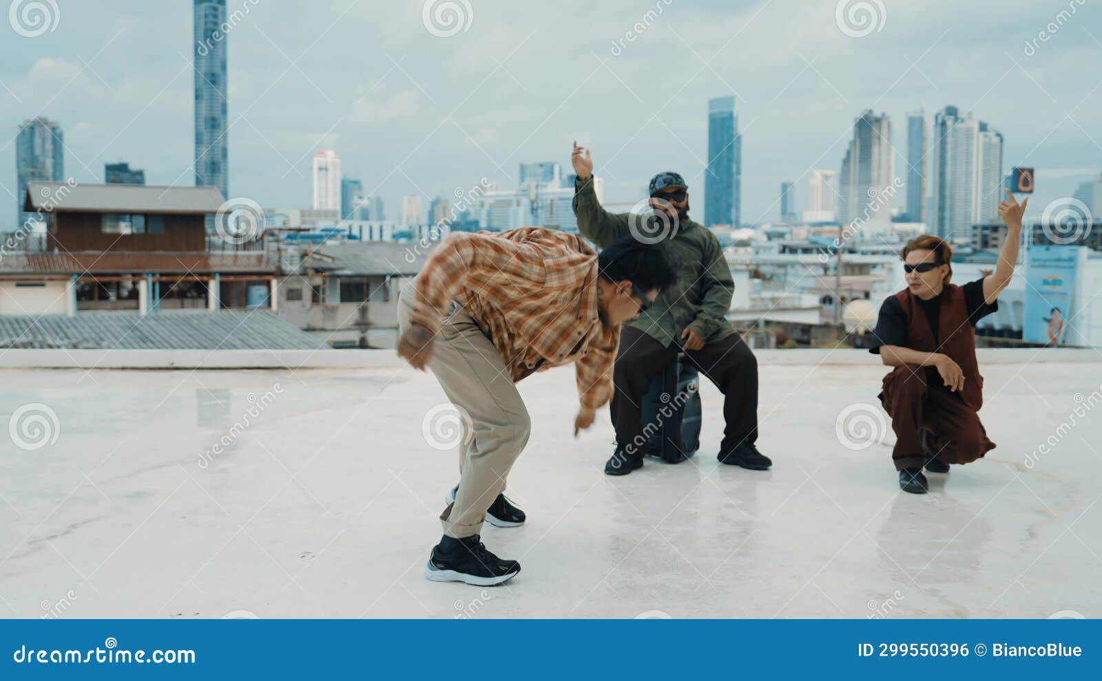 Profession Break Dancer Practice B-boy Dance with Friends at Roof Top ...