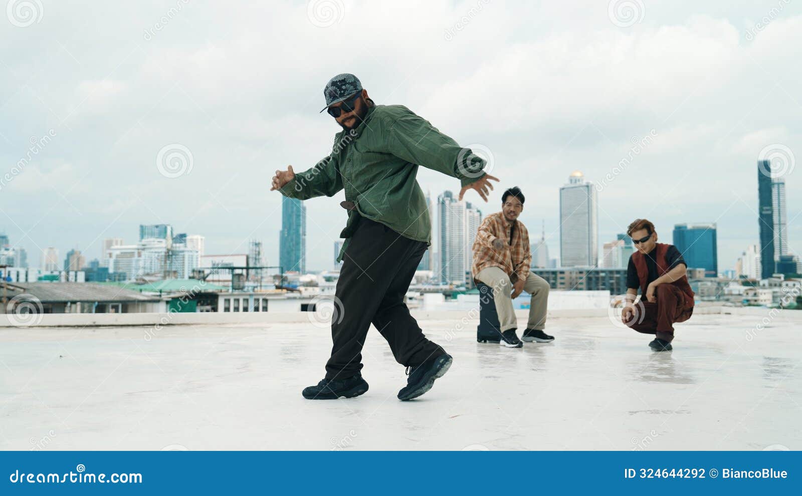 Profession Break Dancer Practice B-boy Dance with Friends at Roof Top ...