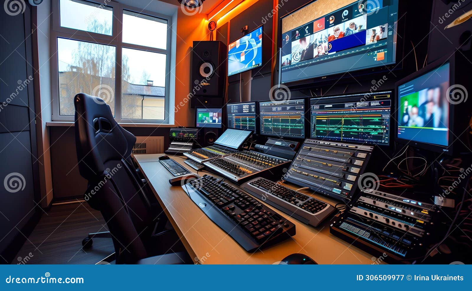 Professional Broadcast Room with Multiple Screens and Control Panels ...