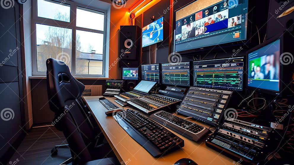 Professional Broadcast Room with Multiple Screens and Control Panels ...