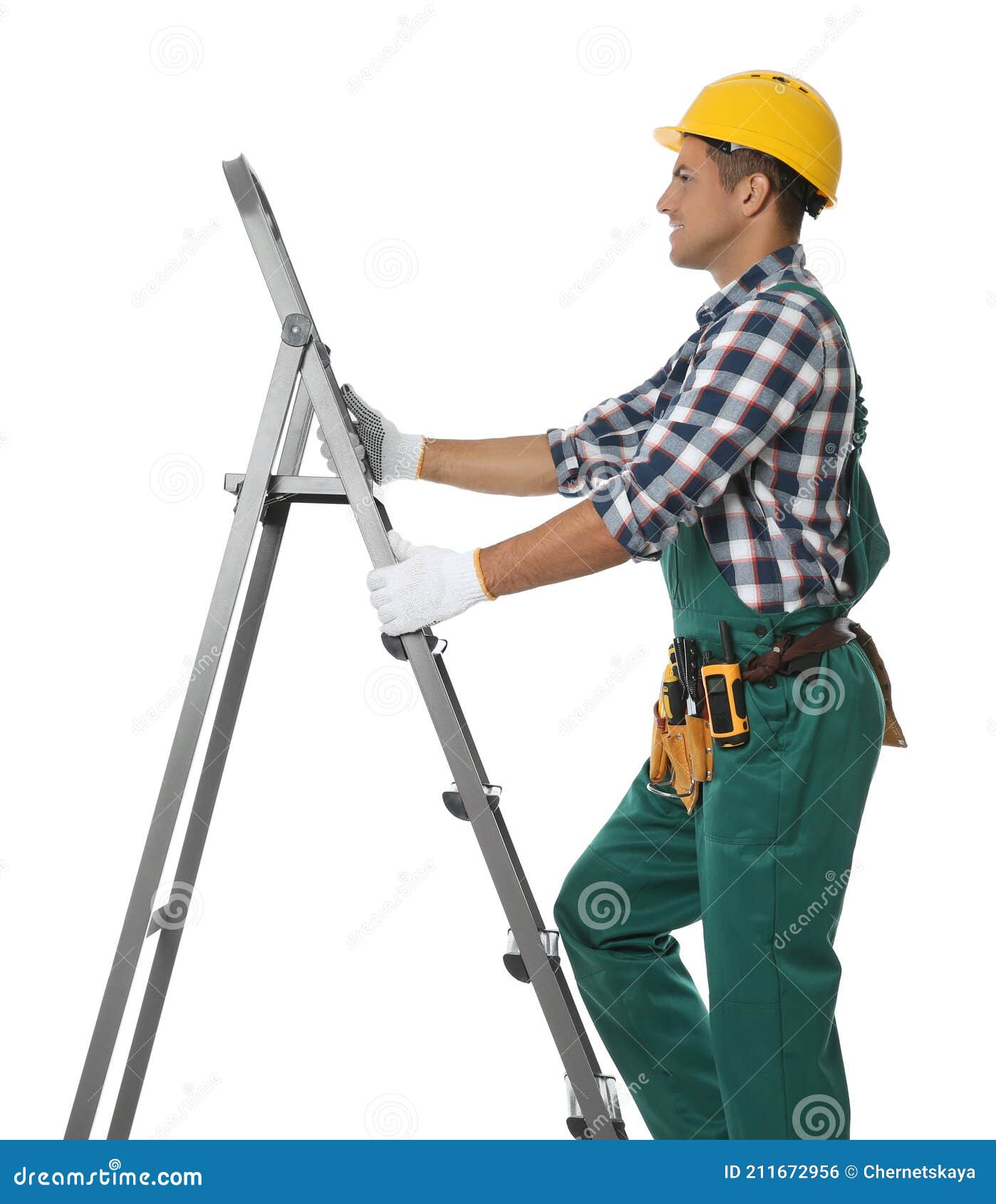 Professional Builder Climbing Up Metal Ladder on White Background Stock ...