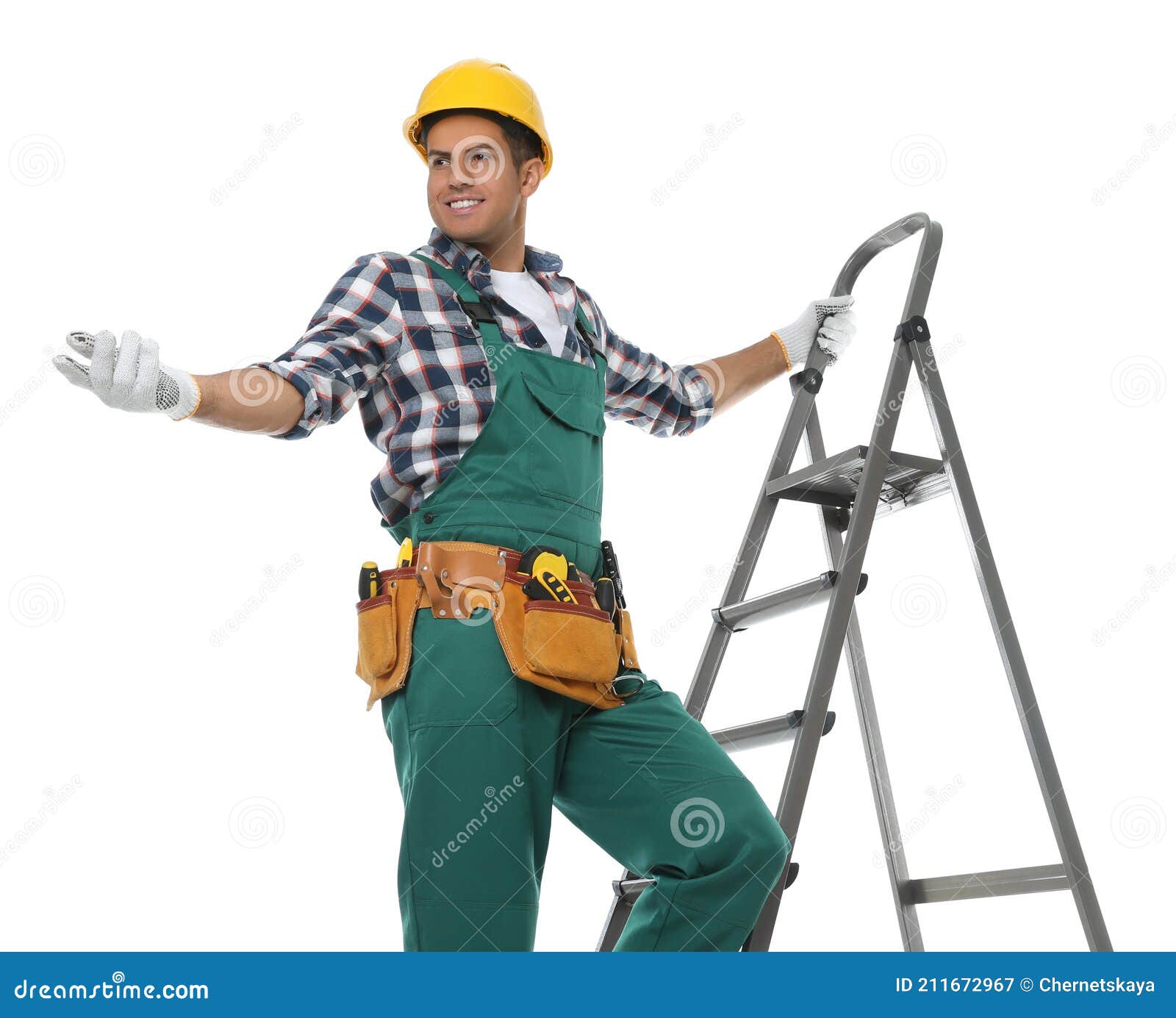 Professional Builder Climbing Up Metal Ladder on White Background Stock ...