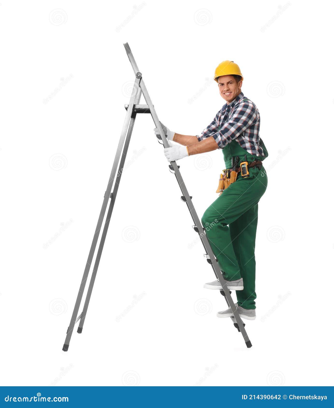 Professional Builder Climbing Up Metal Ladder on White Background Stock ...