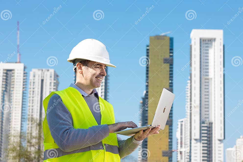 Professional Builder Typing on Computer Stock Image - Image of crane ...