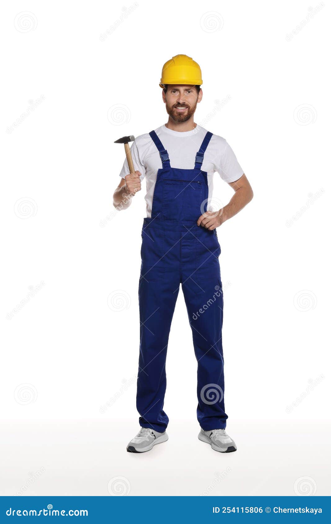 Professional Builder in Uniform with Hammer on White Stock Photo ...