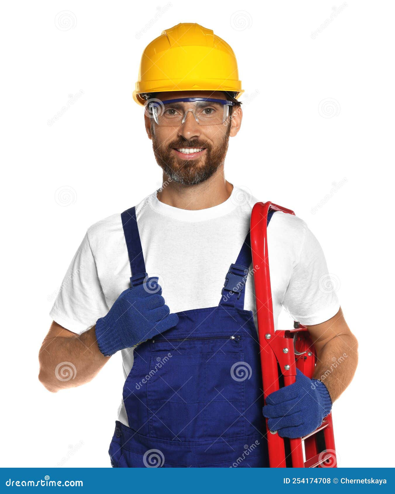 Professional Builder in Uniform with Step Ladder Isolated on White ...