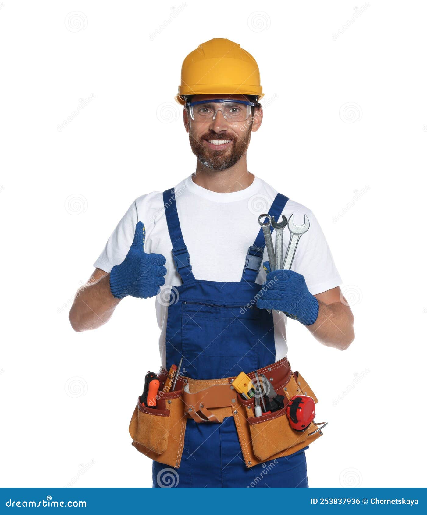 Professional Builder in Uniform with Tool Belt Isolated on White Stock ...