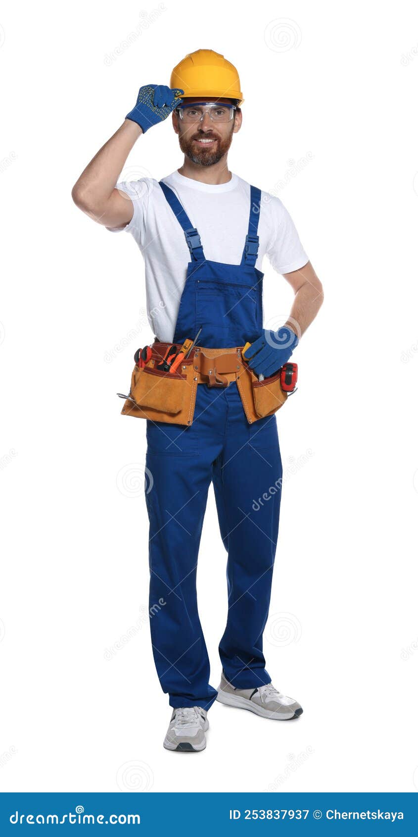 Professional Builder in Uniform with Tool Belt Isolated on White Stock ...