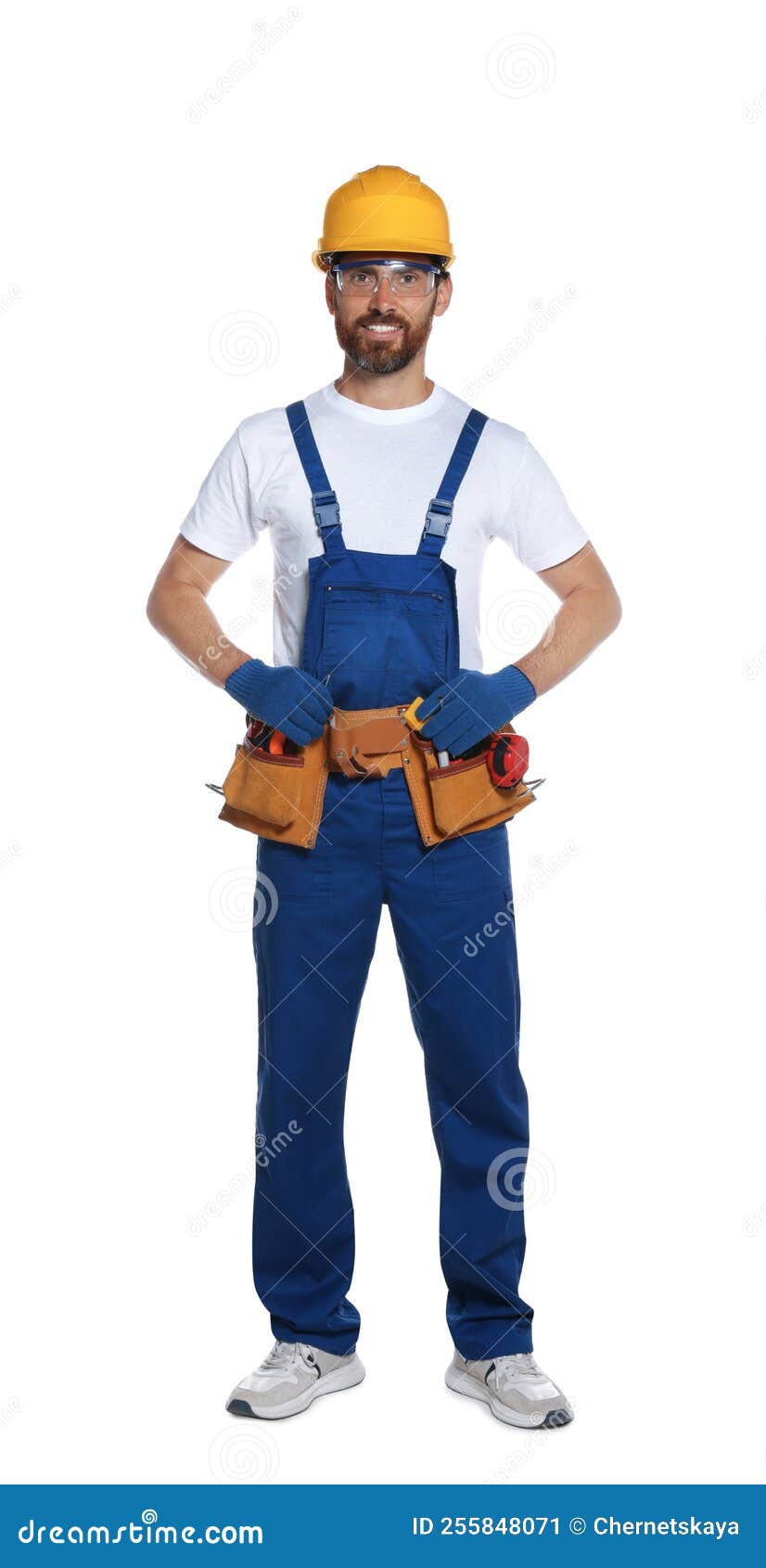 Professional Builder in Uniform with Tool Belt Isolated on White Stock ...