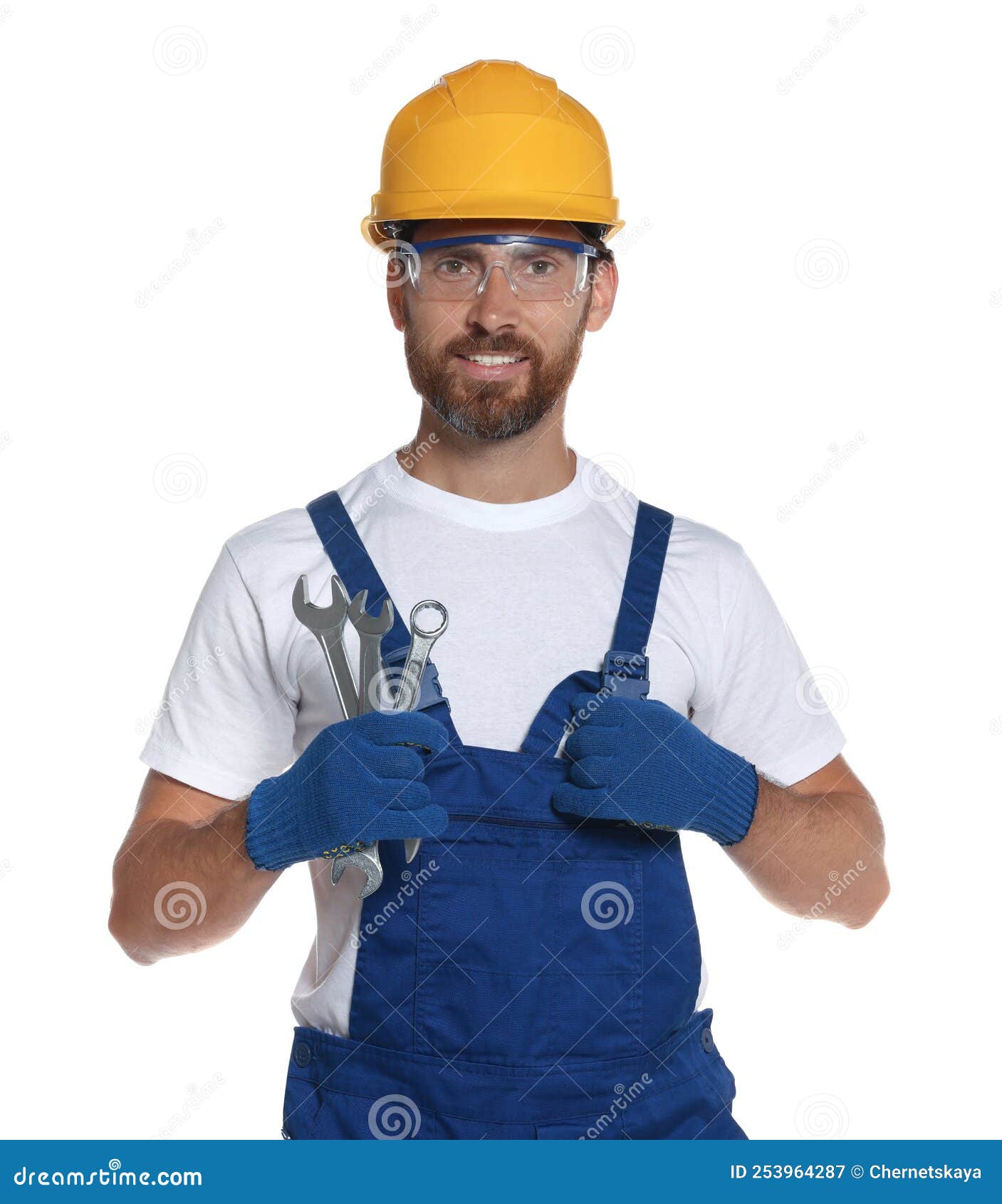 Professional Builder in Uniform with Tools Isolated on White Stock ...